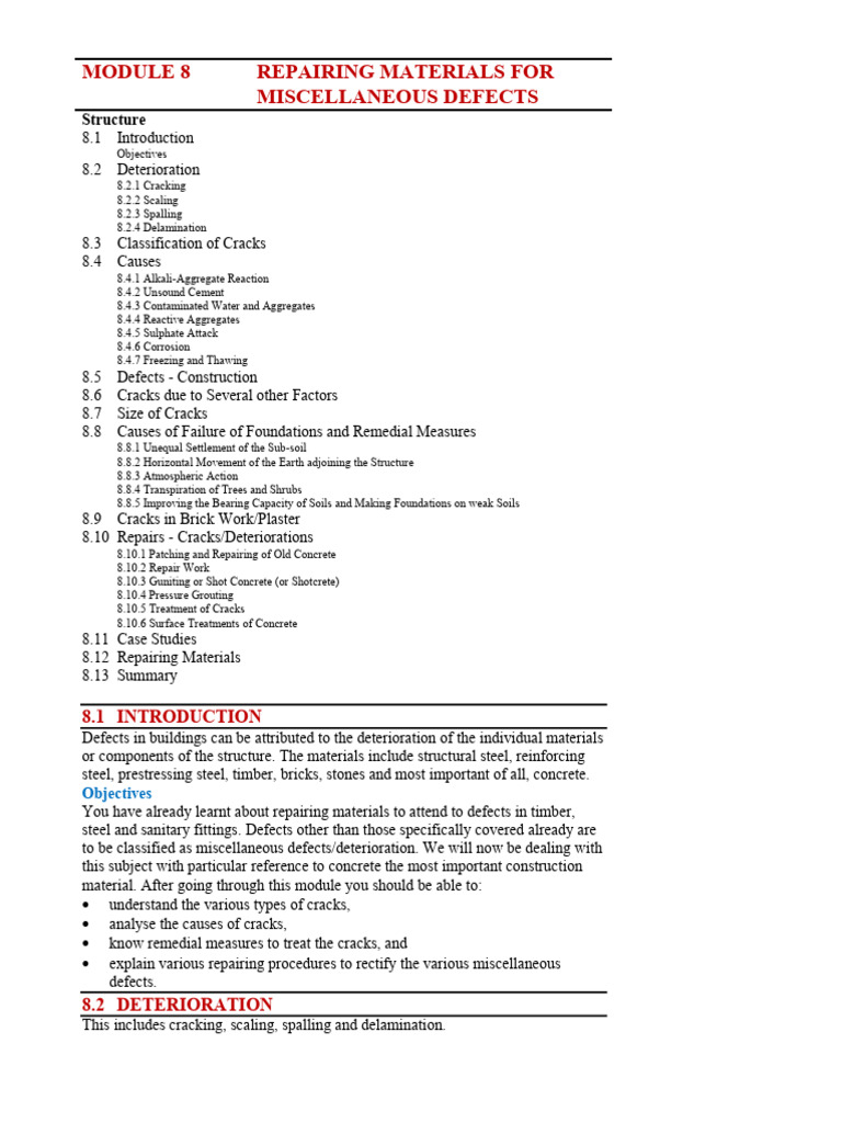 Module 8 Repairing Materials for Miscellaneous Defects | PDF