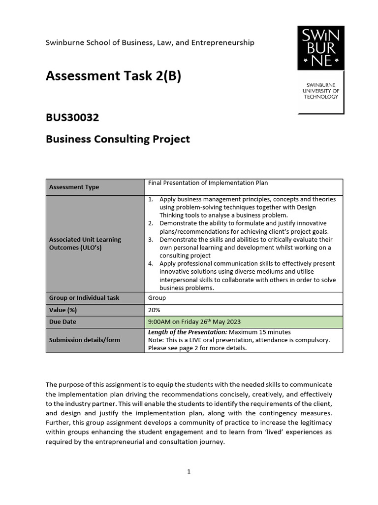 Assessment 2B - BUS30032 - Final Presentation of Implementation Plan ...