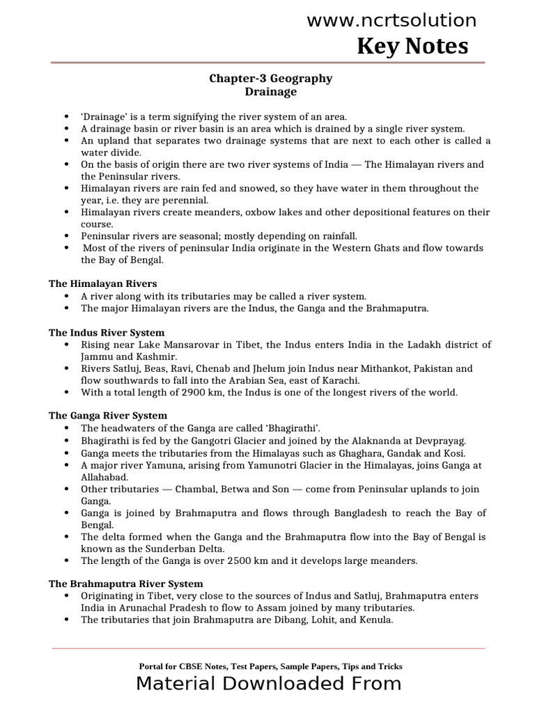 09 Social Science Key Notes Geo ch3 Drainage | PDF | Himalayas | Indus ...