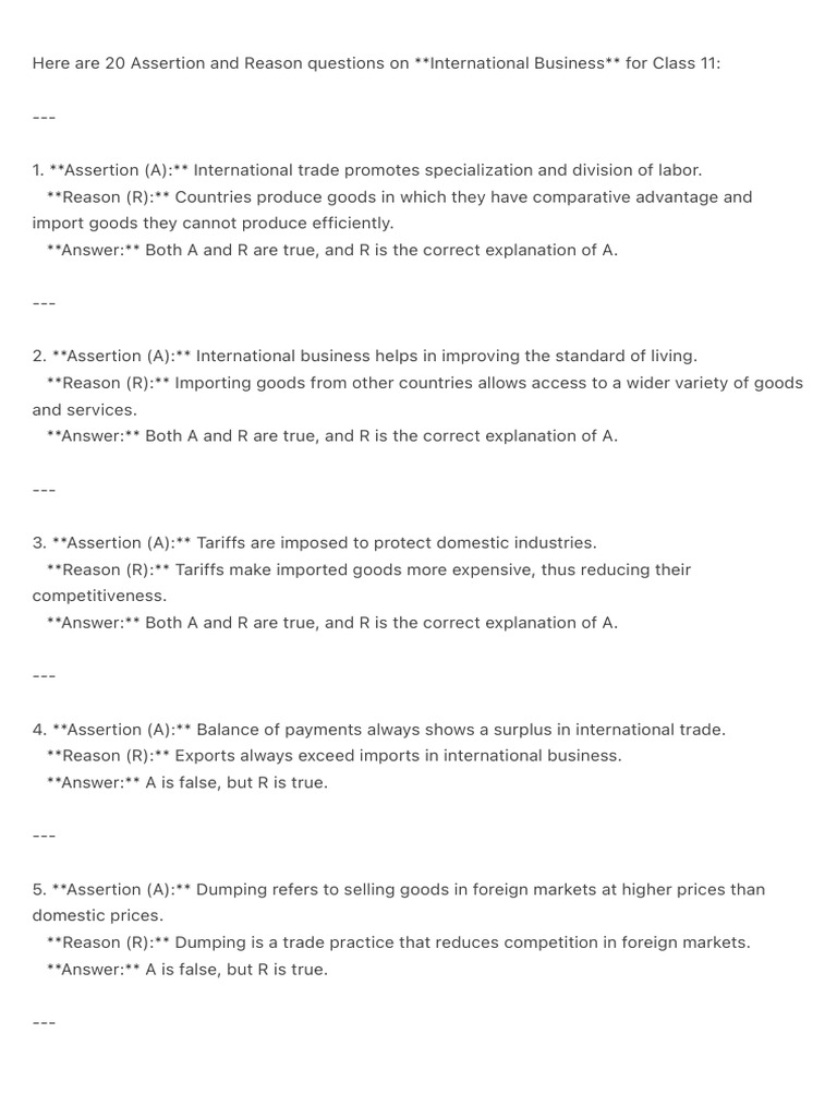 Here Are 20 Assertion and Reason Questions On International Business | PDF
