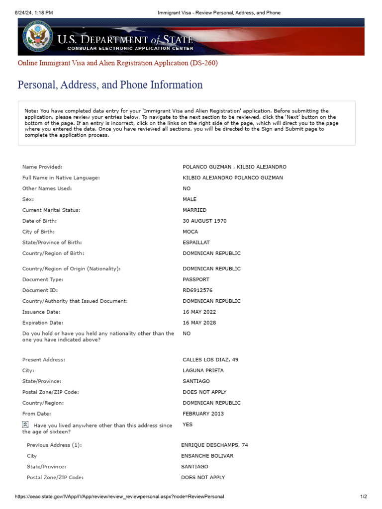Immigrant Visa - Review Personal, Address, and Phone | PDF