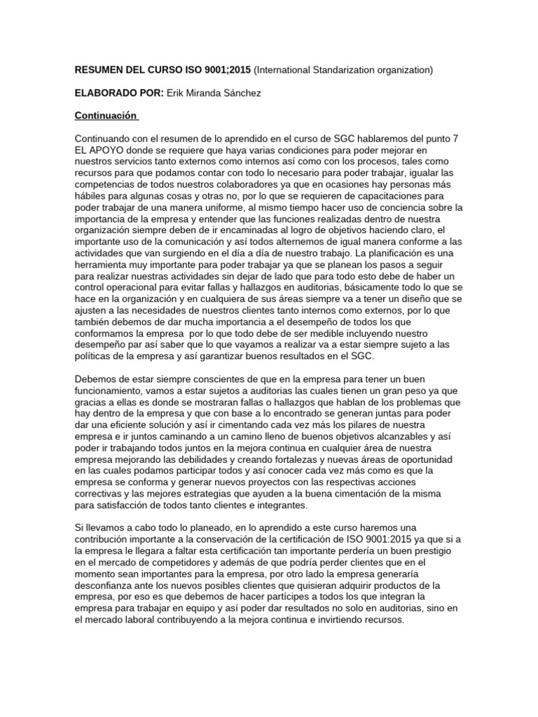 Resumen Del Curso Iso 9001 (Continuacion) | PDF