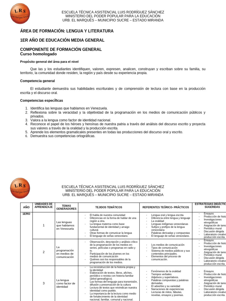 Lengua y Literatura 1er Año Venezuela | PDF | Comunicación | Aprendizaje