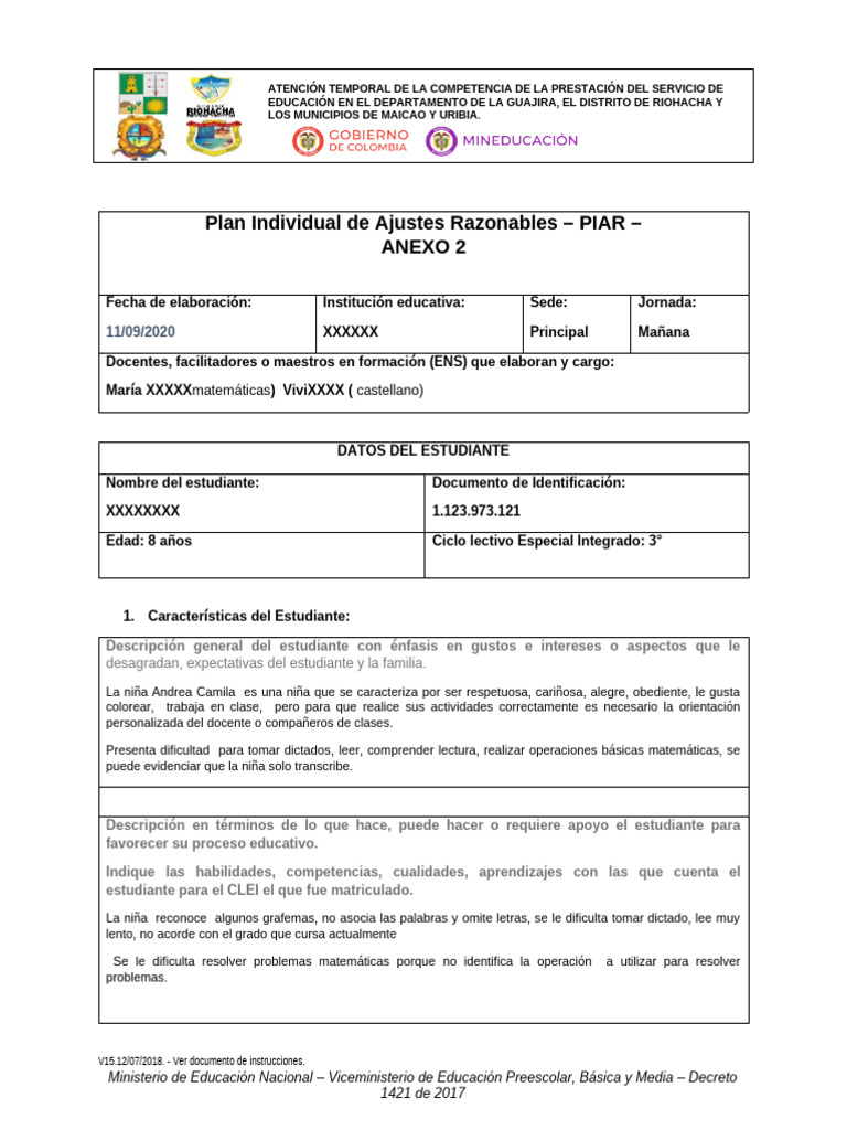 Formatos Piar Ejemplo Primaria | PDF