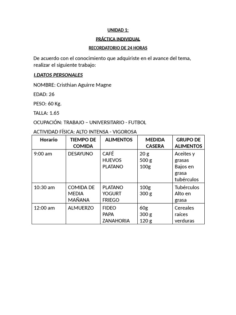 Recordatorio 24 Horas | PDF | Alimentos | Almuerzo