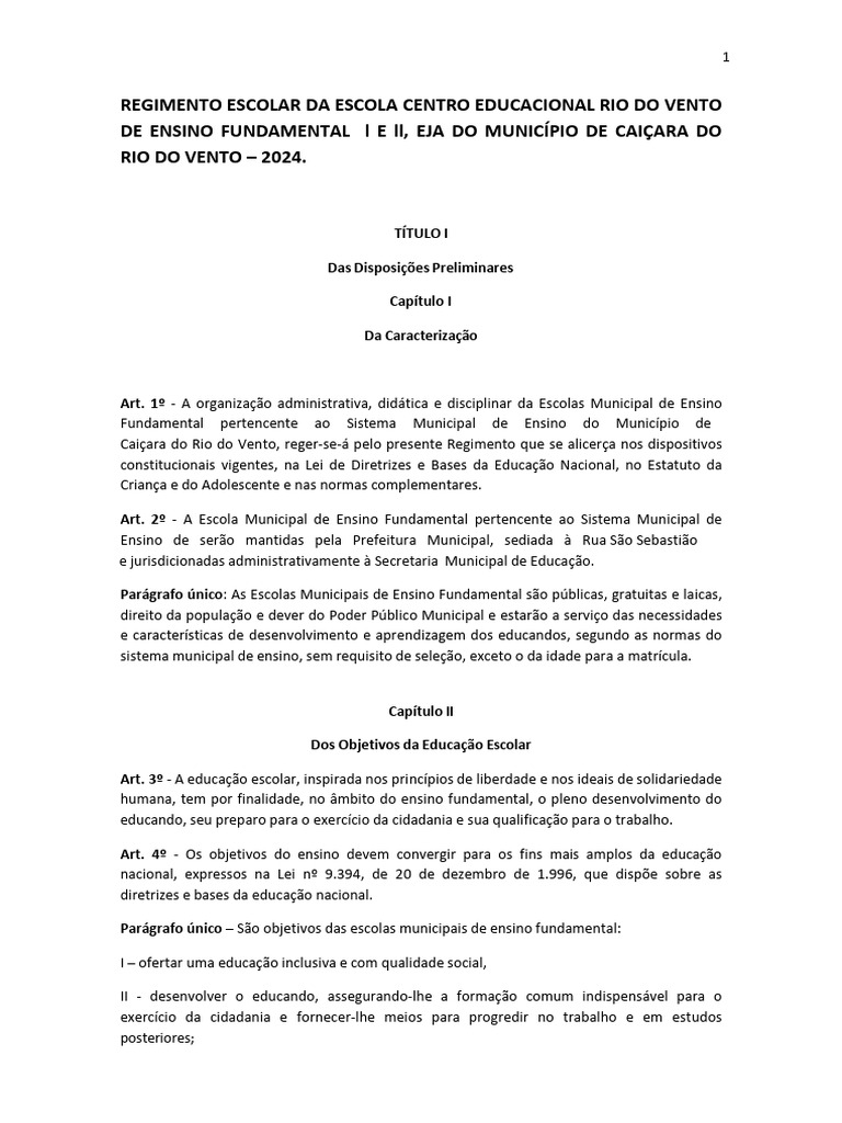 Regimento Escolar Modelo Cerv 2024 | PDF