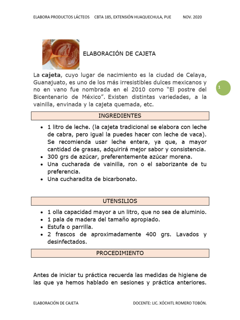 ELABORACIÓN DE CAJETA Procedimiento | PDF | Leche | Alimentos