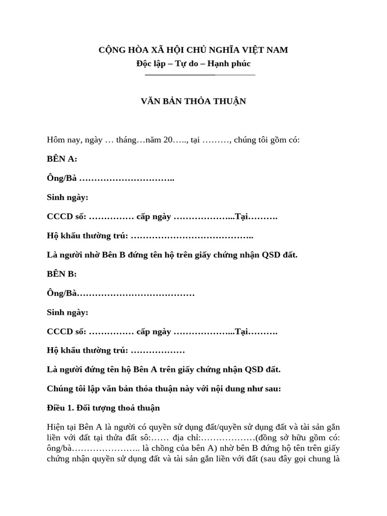 Mau Van Ban Thoa Thuan Dung Ten Dum Nha Dat | PDF