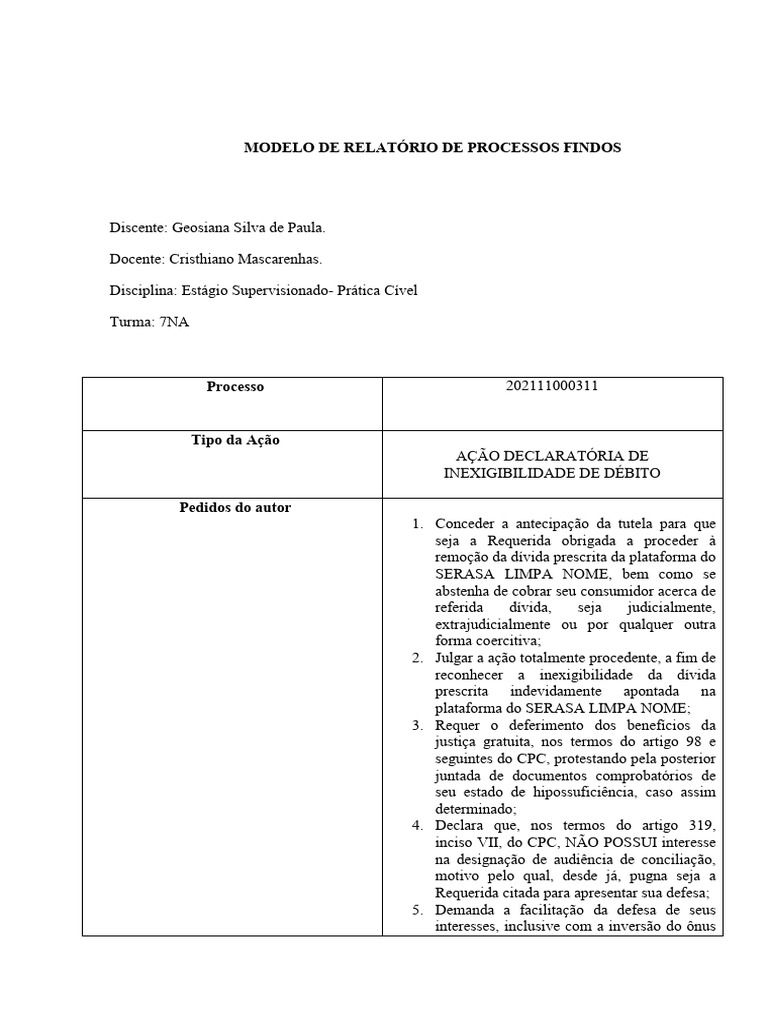 MODELO DE RELATÓRIO DE PROCESSOS FINDOS N 10 | PDF