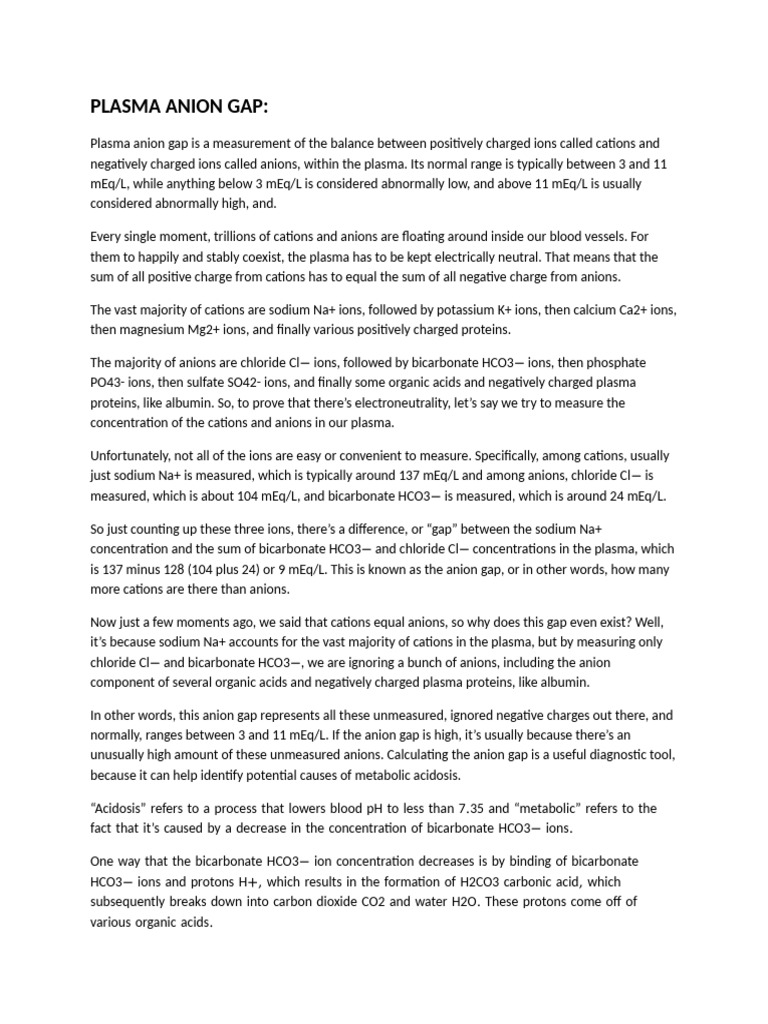 Plasma Anion Gap | PDF