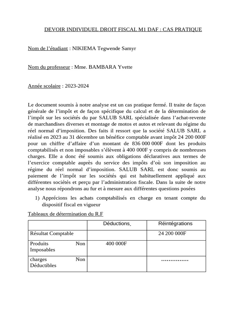 Devoir Droit Fiscal Iufic Samyr | PDF