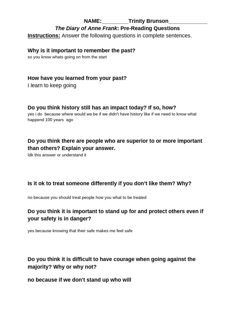 Pre-Reading Questions for Anne Frank | PDF