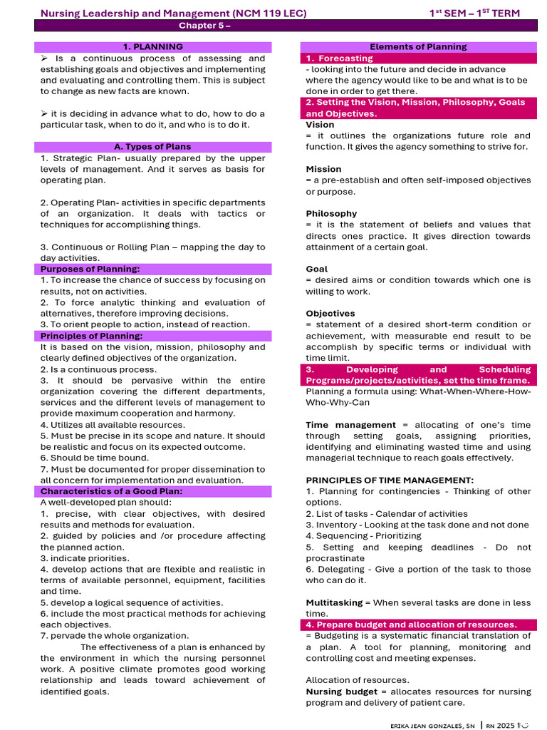 Chapter 5 – Planning in Nursing Managementt | PDF