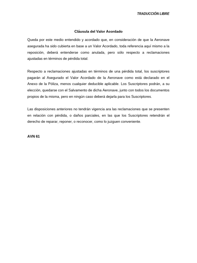 Avn 61 Clausula de Valor Acordado | PDF