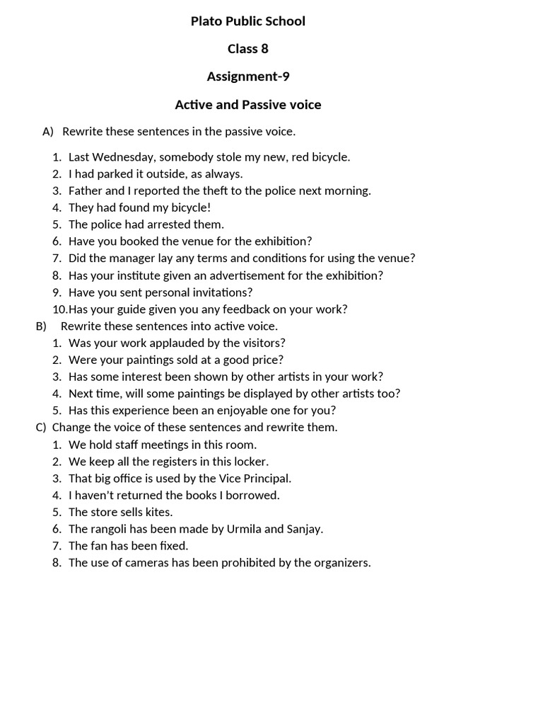 Assignment 9 Class 8 Active and Passive voice | PDF