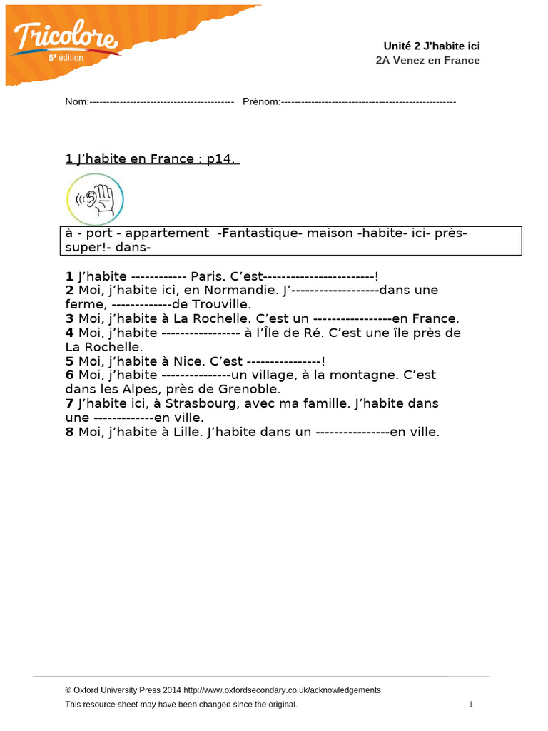 1 - J'habite Ici - Exercice À Trou-Audio | PDF