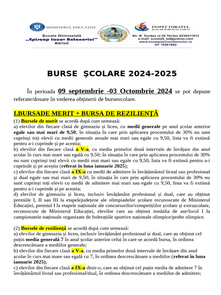 Anunt Burse Scolare 2024 2025 | PDF
