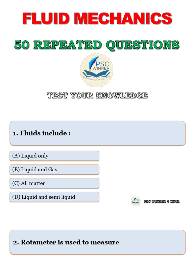 Fluid Mechanics and Hydraulics Questions | PDF | Pressure | Elasticity ...