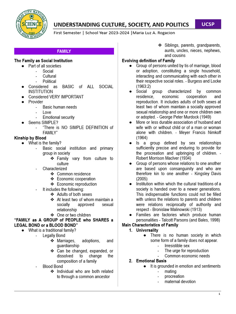 Ucsp Reviewer 1 | PDF | Kinship | Family