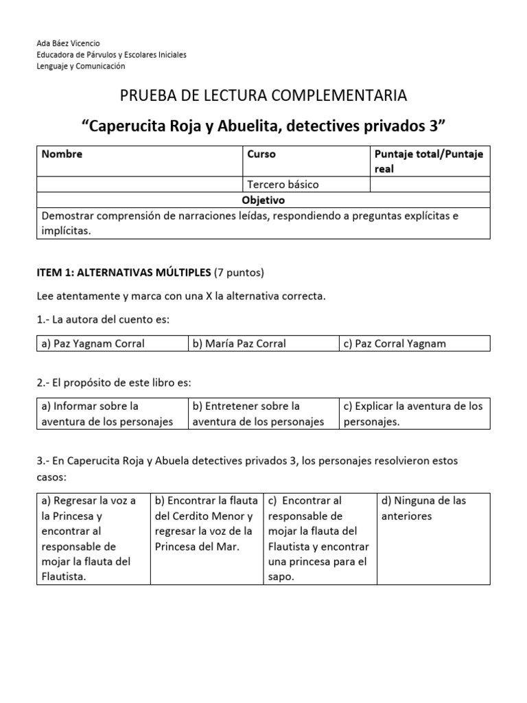 Prueba de Lectura: Caperucita Roja 3 | PDF