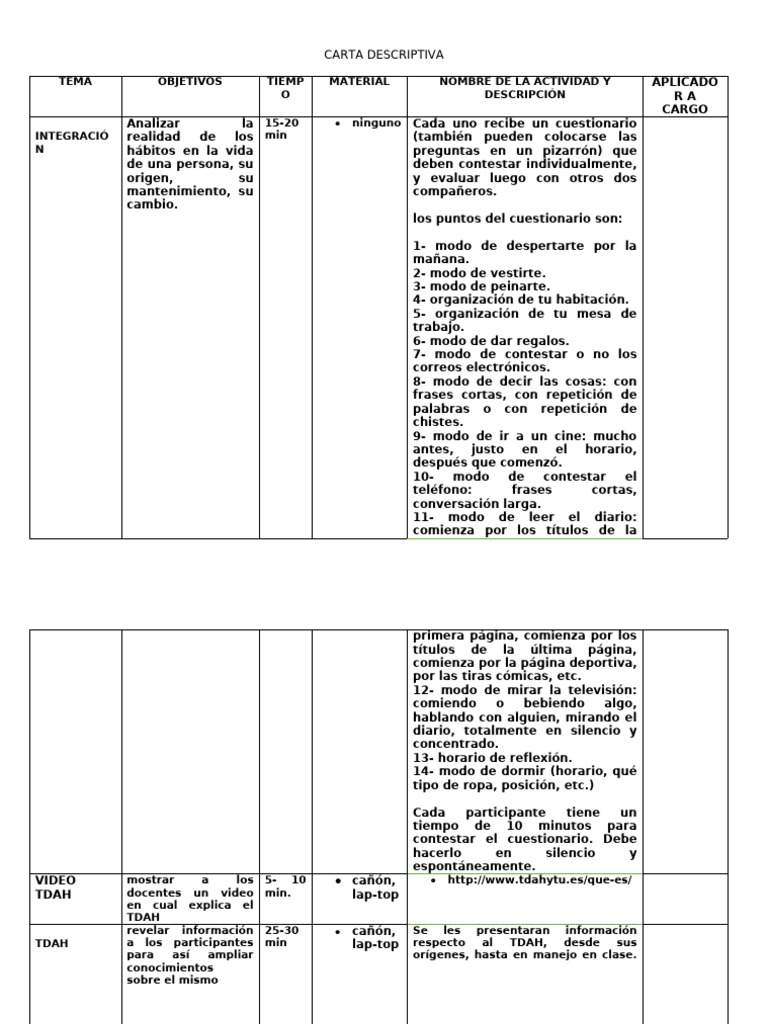 Carta Descriptiva Ejemplo | PDF | Cuestionario | Desorden hiperactivo y deficit de atencion