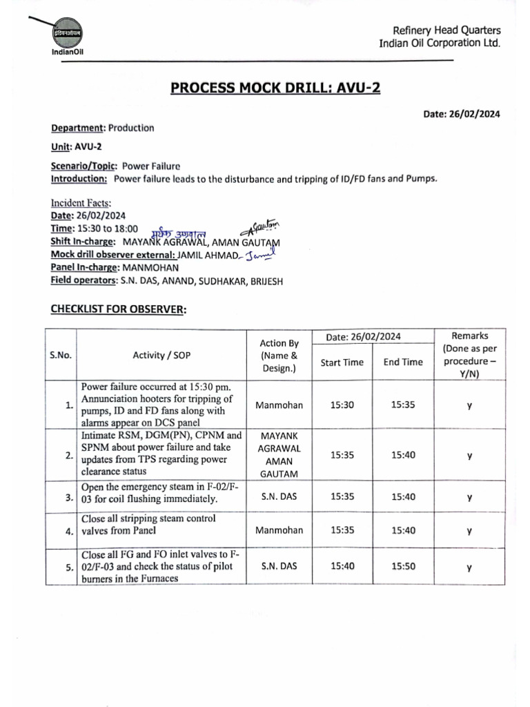 Mock Drill On Power Failure Avu-2 (Es) | PDF