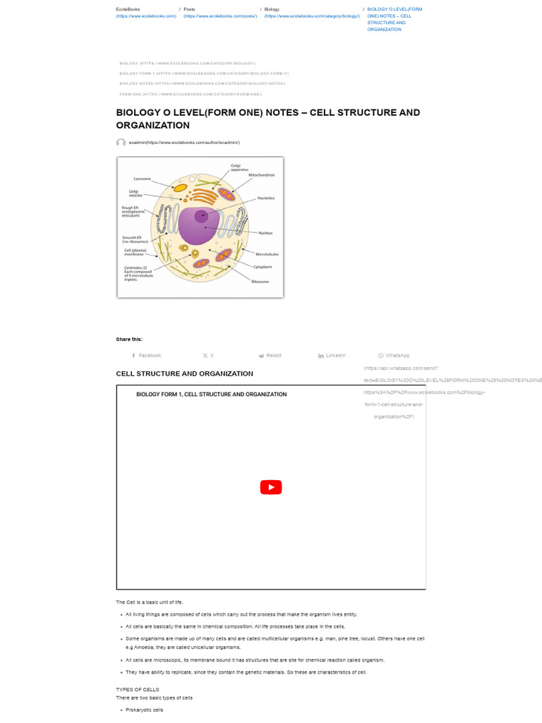 Biology o Level (Form One) Notes - Cell Structure and Organization ...