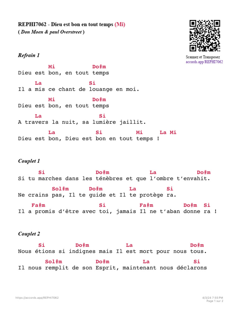 Dieu Est Bon en Tout Temps Paroles Accords (Mi) | PDF
