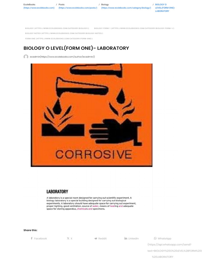 BIOLOGY O LEVEL (FORM ONE) - LABORATORY - EcoleBooks | PDF