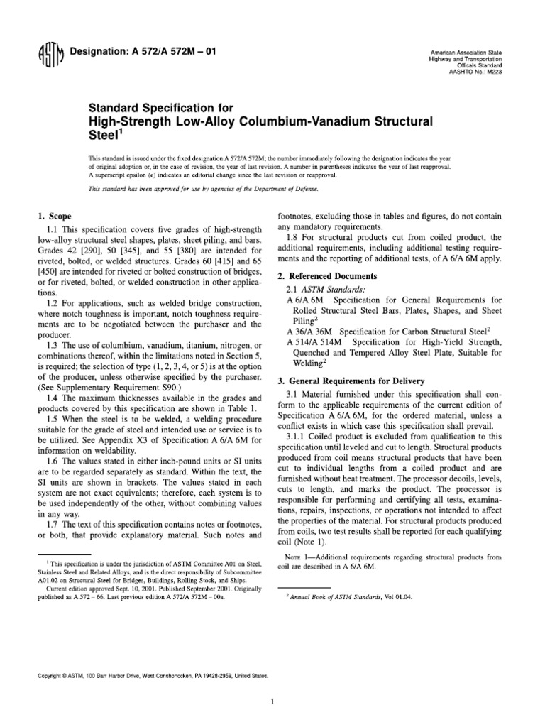 ASTM-A572 (A572M-01) Standart Specification For High-Strength Low-Alloy Columbium-Vanadium ...