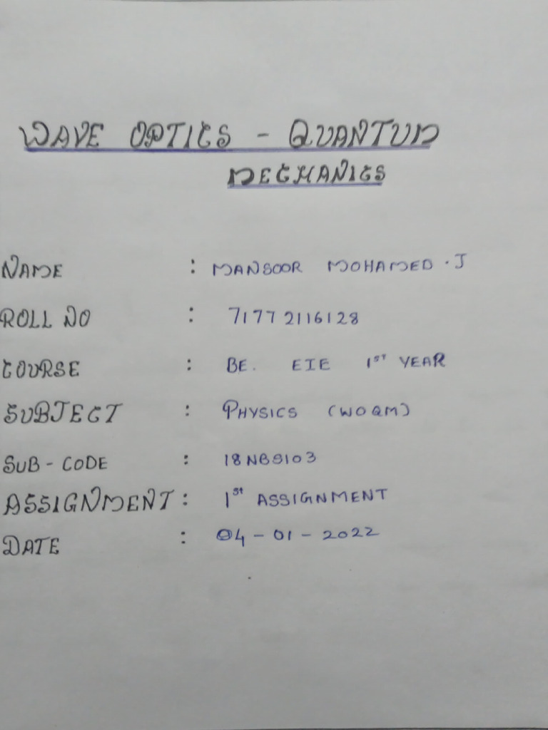Wave Optics and Quantum Mechanics Assignment 1 | PDF | Theoretical ...