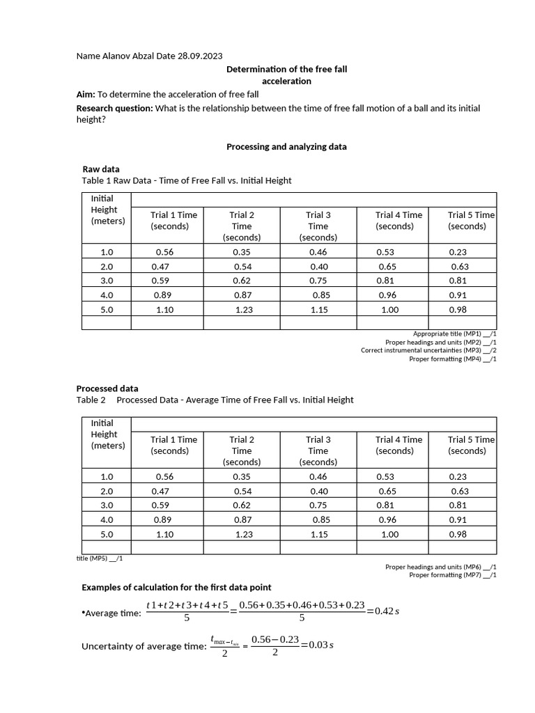 Free Fall - Formative Assignment - Lab Report | PDF