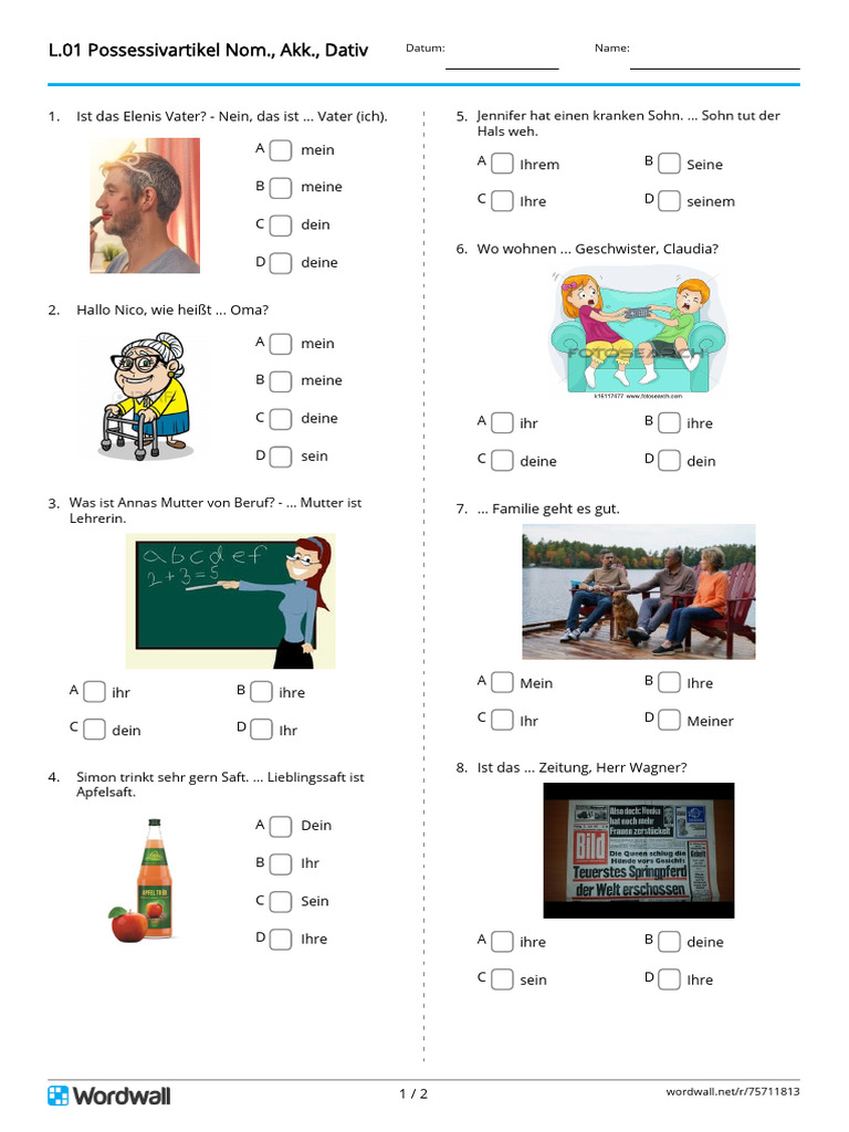 l01 Possessivartikel Nom Akk Dativ Quiz | PDF