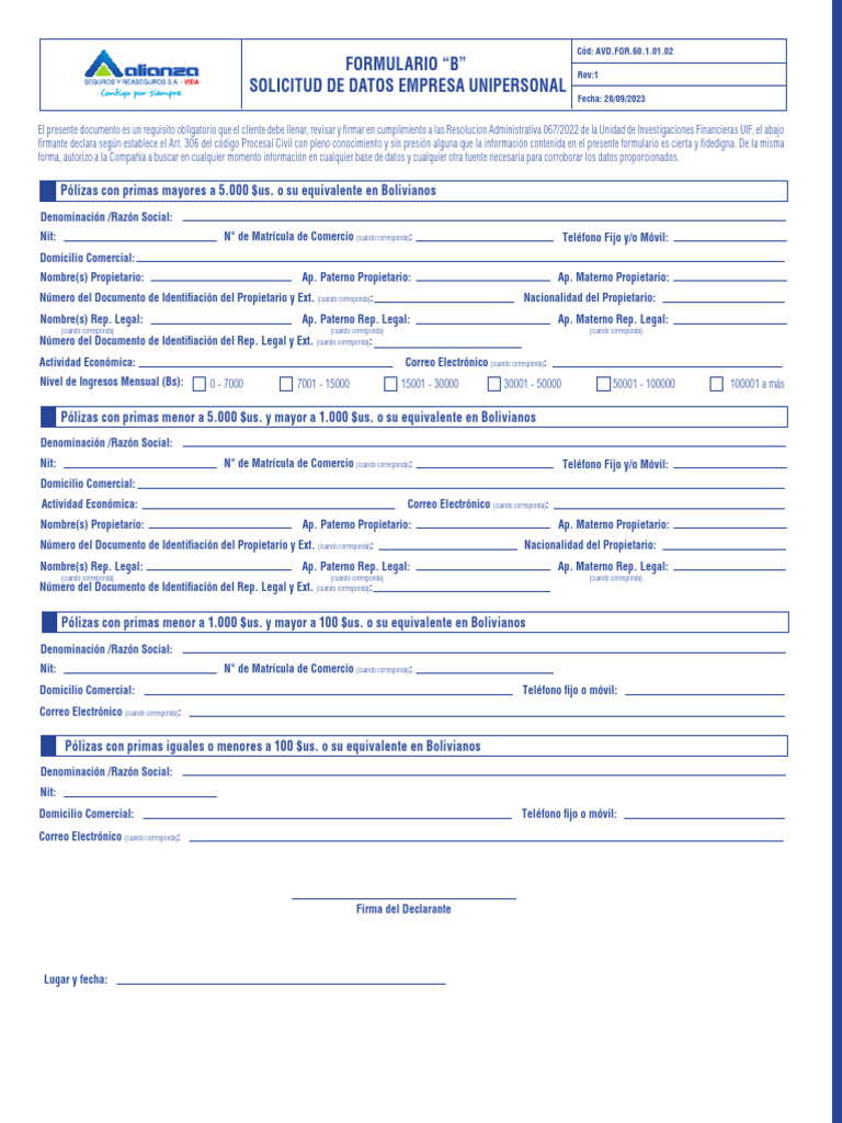 Formulario B Solicitud de Datos Empresa Unipersonal - Vida | PDF