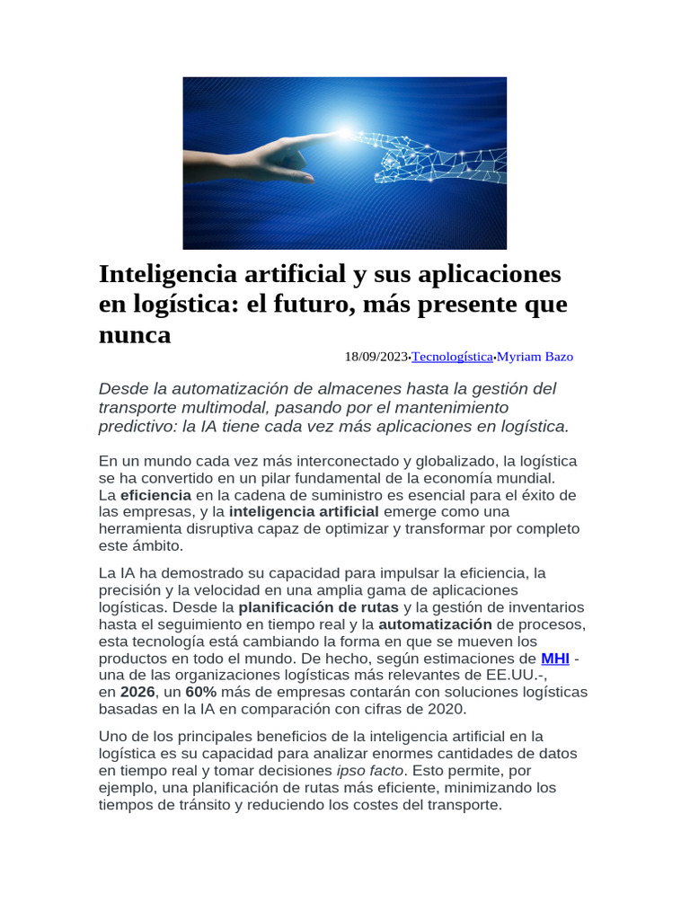 Inteligencia Artificial y Sus Aplicaciones en Log Stica | PDF