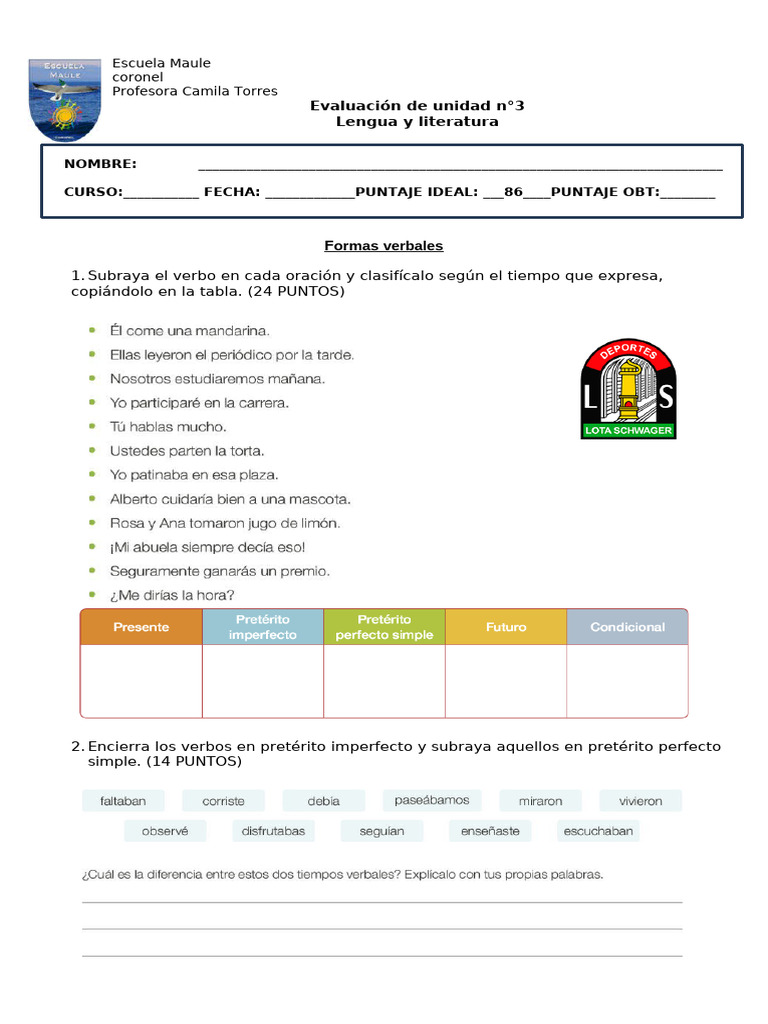 prueba unidad 3, verbos 7° | PDF