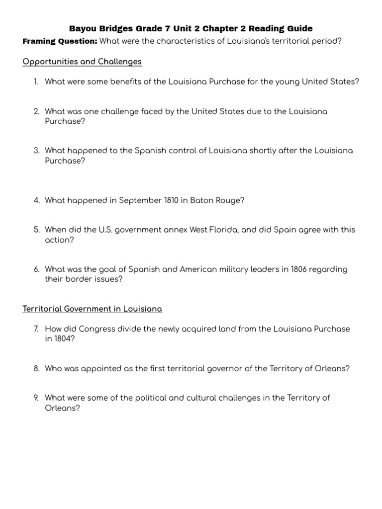 Bayou Bridges Grade 7 Unit 2 Chapter 2 Reading Guide | PDF