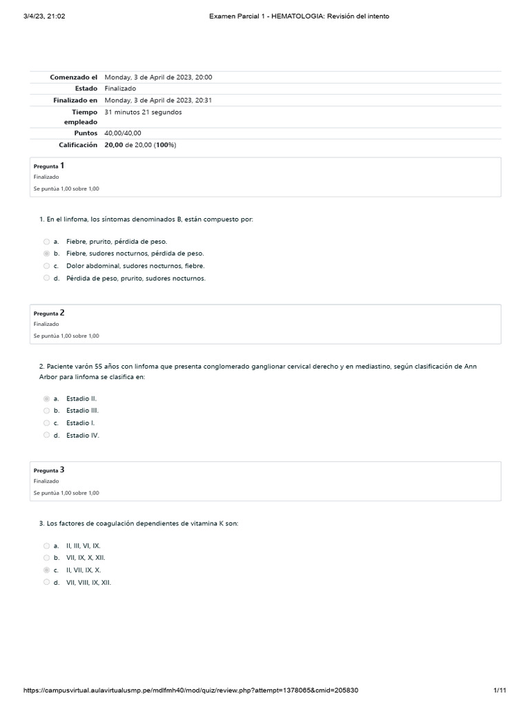 Examen Parcial 1 - HEMATOLOGIA - Revisión Del Intento | PDF