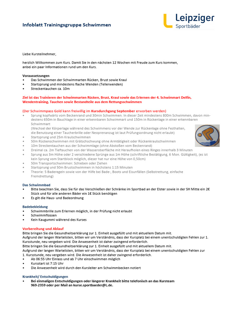Infoblatt Trainingsgruppe Schwimmen | PDF