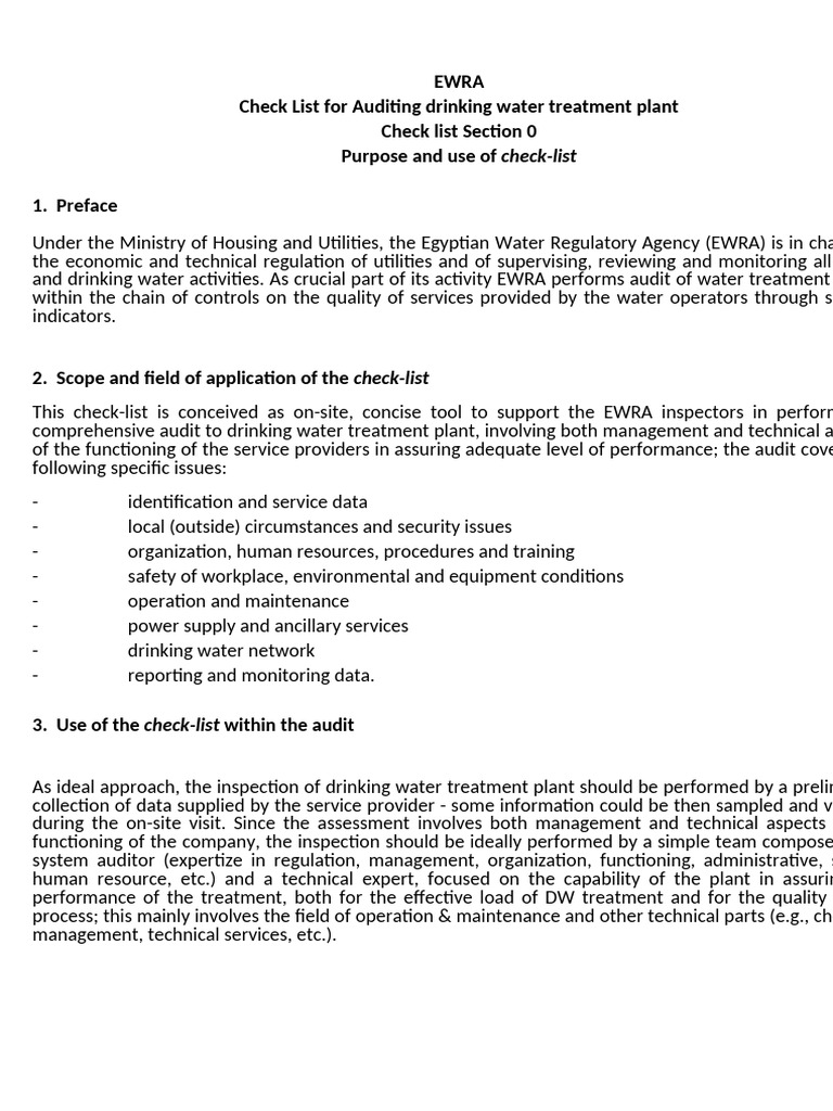 EWRA Check List Auditing Drinking Water Treatment Plants | PDF