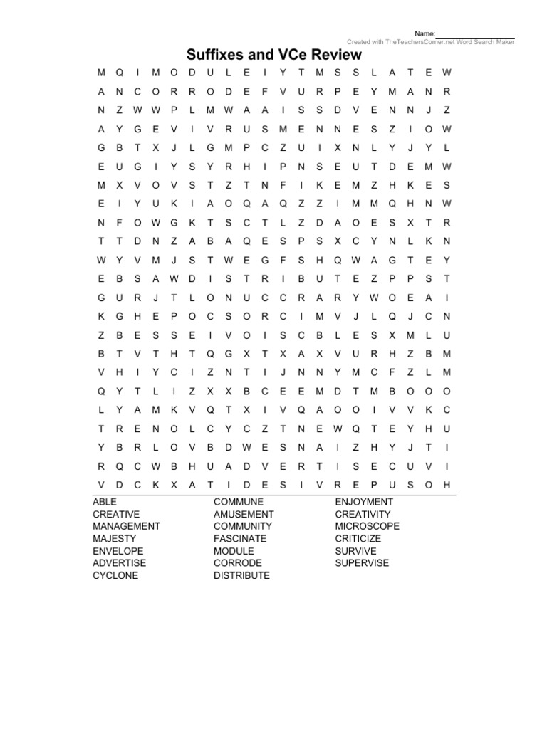 VCe and Suffixes wordsearch | PDF