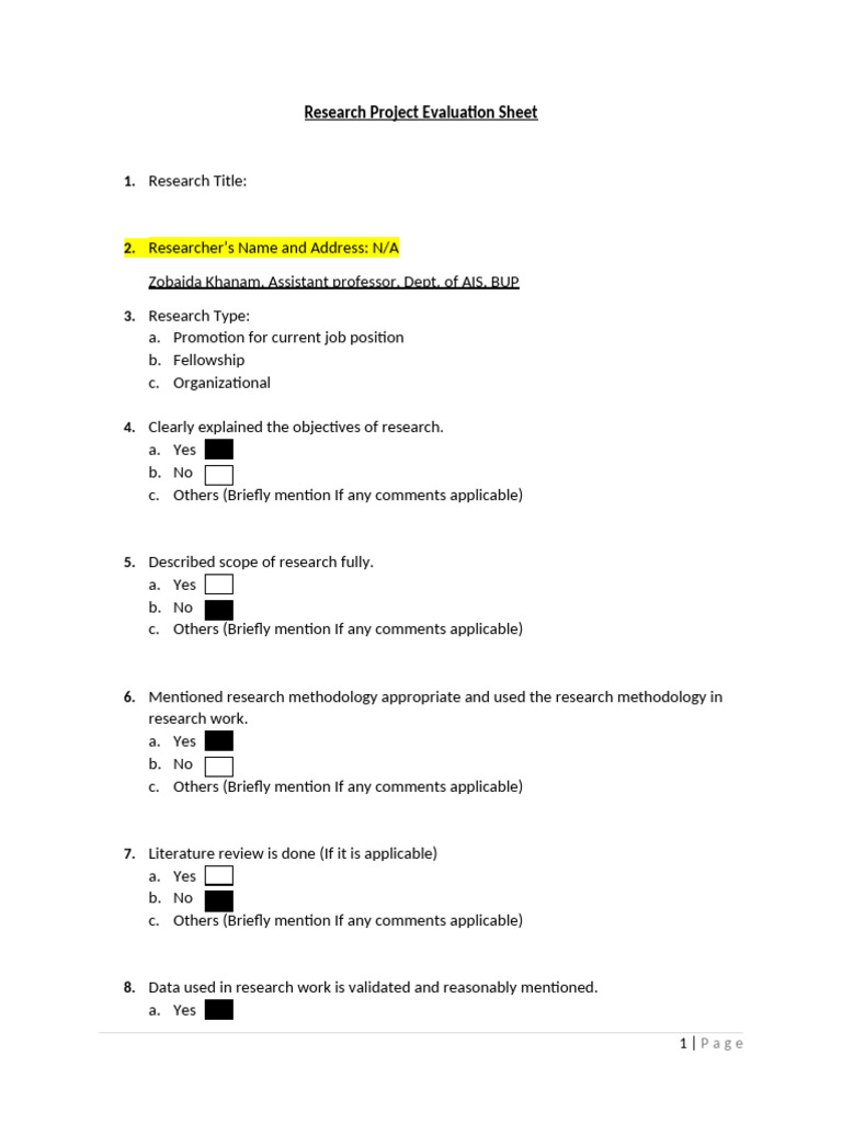 Assessment Sheet For Research Project (17 Apr 2022) | PDF