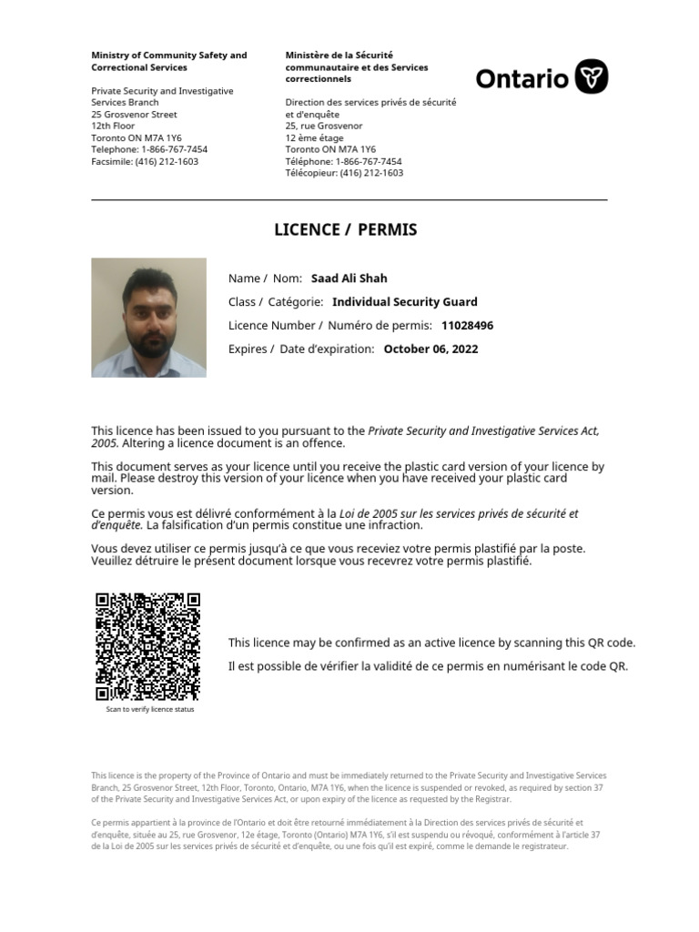 Ontario Security Guard Licence Document | PDF | Law