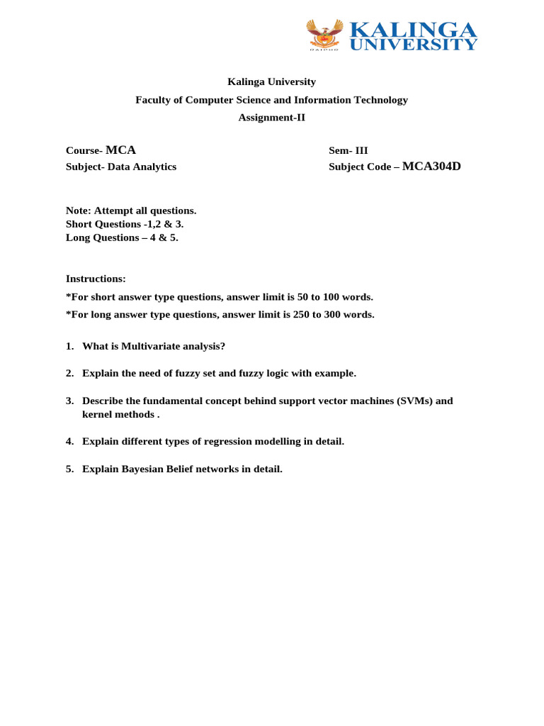 JULY-DEC 2024 MCA 3 SEM V10 MCA304D Data Analytics Unit 2 Assignment | PDF