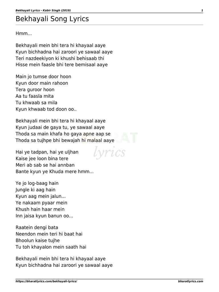Bekhayali Lyrics | PDF