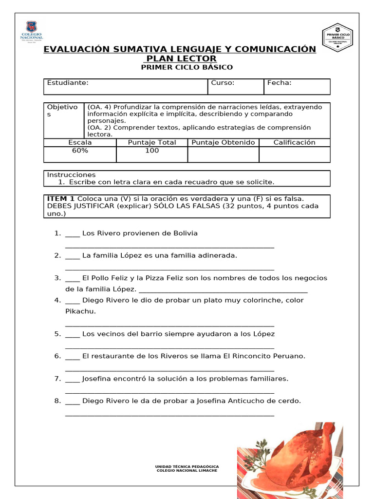 Evaluacion Lenguaje 4B Plan Lector. Anticucho de Corazon | PDF
