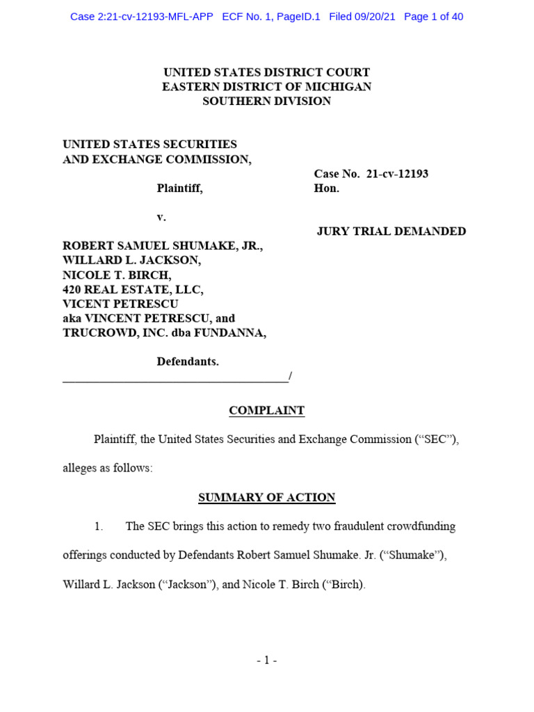 Shumake Crowdfunding Complaint From SEC | PDF | Sec Rule 10b 5 | Securities Act Of 1933
