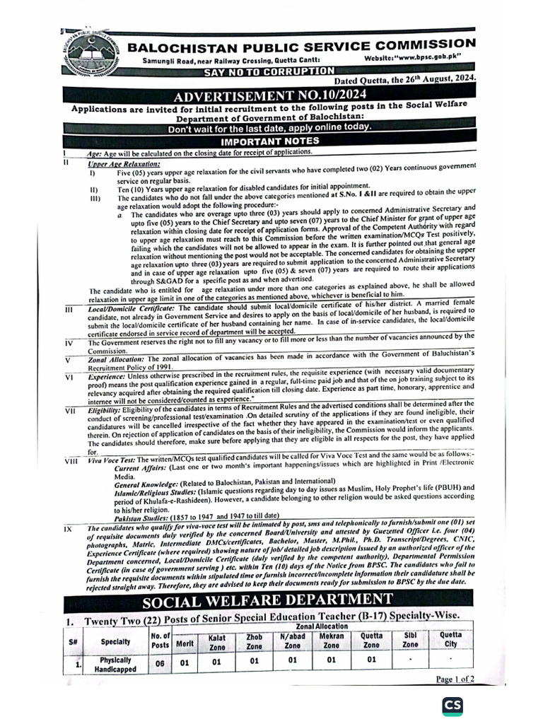 BPSC Advertisement No. 10-2024 | PDF
