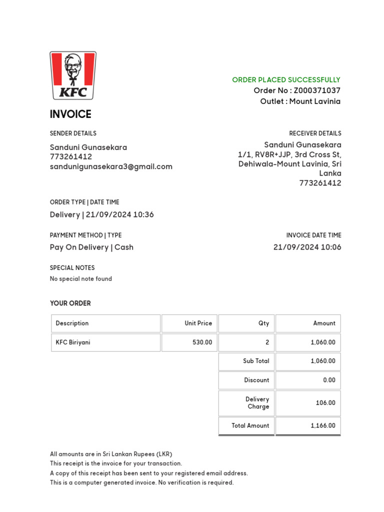 Z000371037 - Your Order Invoice - KFC - Sri Lanka | PDF