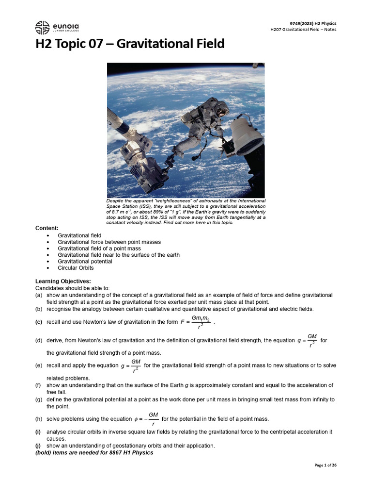 EJC Physics H207 Gravitational Field 2023 - 1. Notes (FULL) | PDF ...